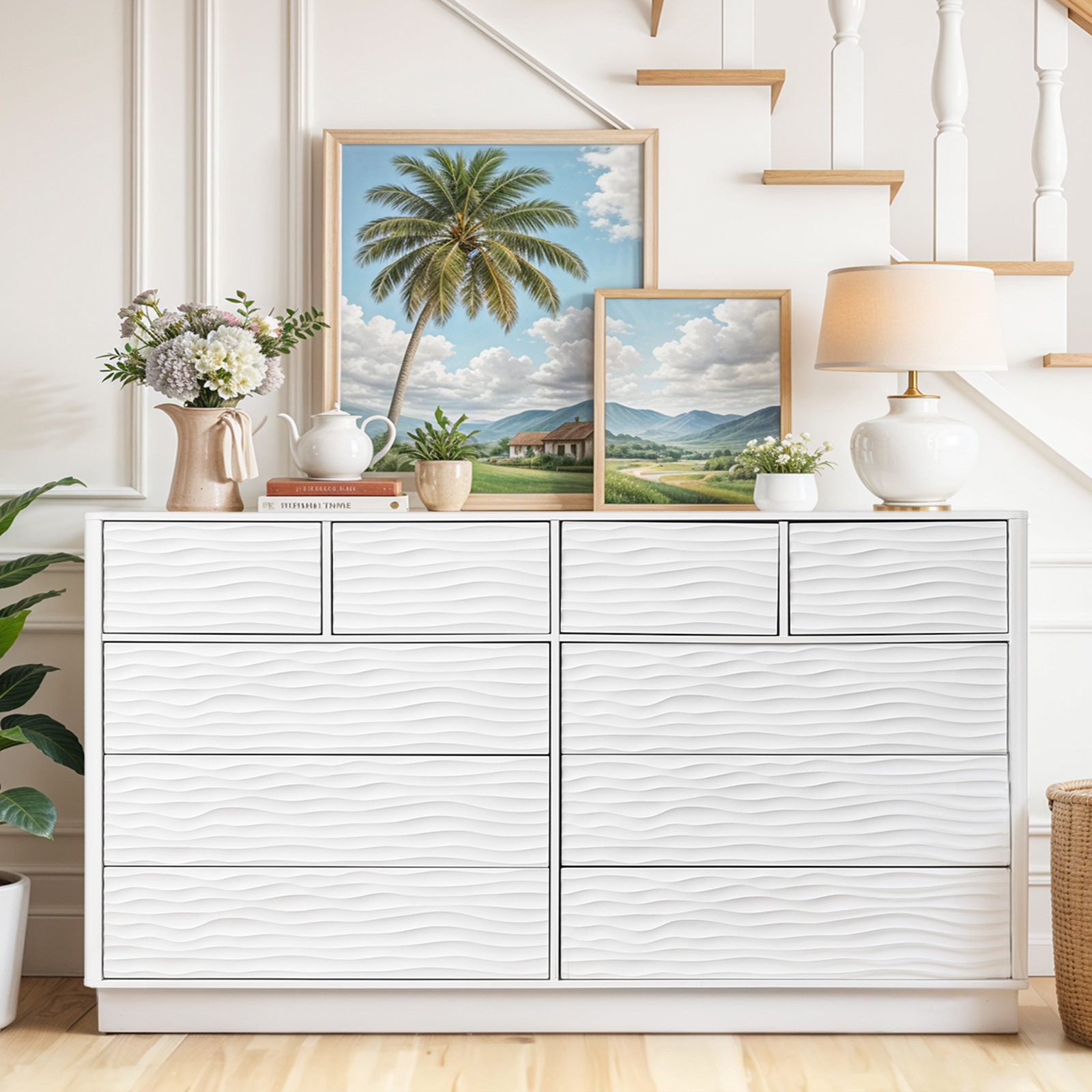 Ebern Designs Modern Fluted 55"W 10 Drawer Dresser With Curved Profile Design, Wide Wood Chest ...